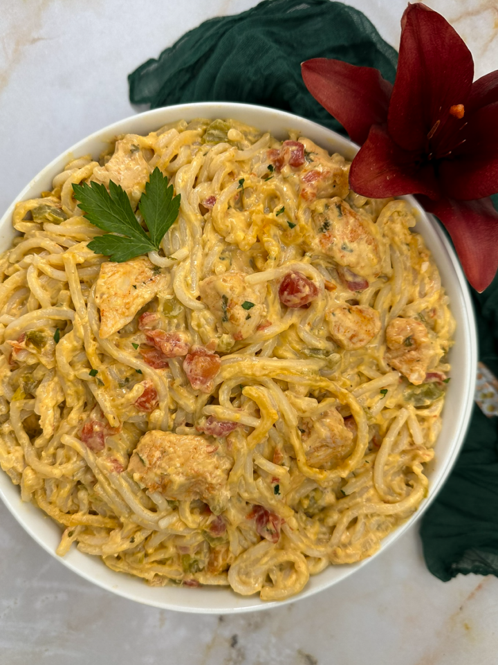 Chicken Rotel Spaghetti with Velveeta - A Sprinkling of Cayenne